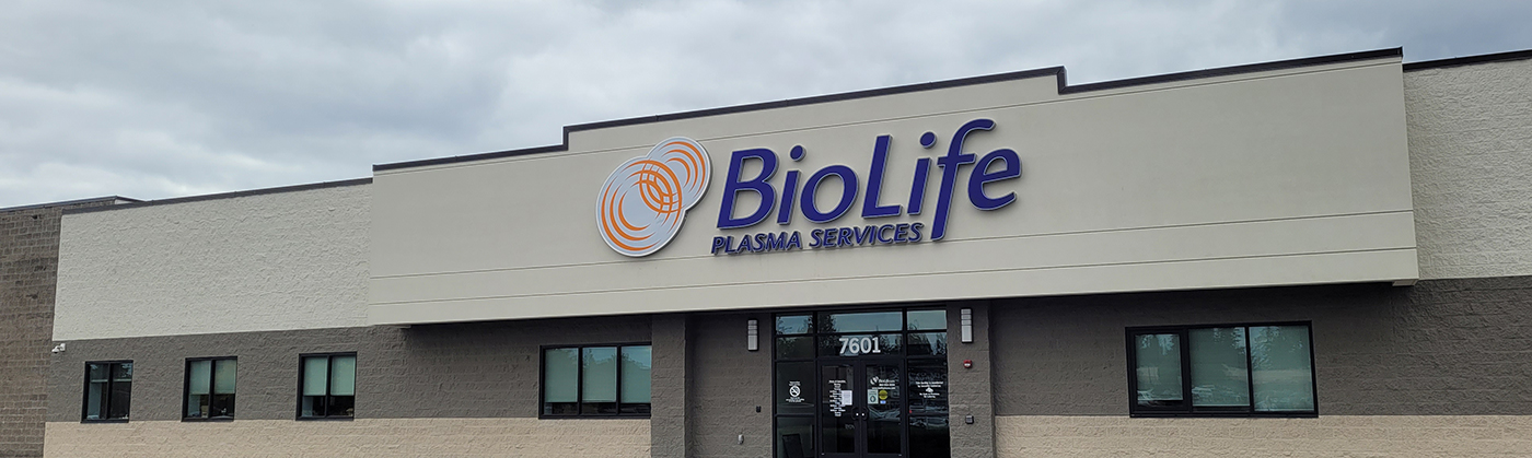 Standard BioLife Plasma Services sign and plasma donation center.