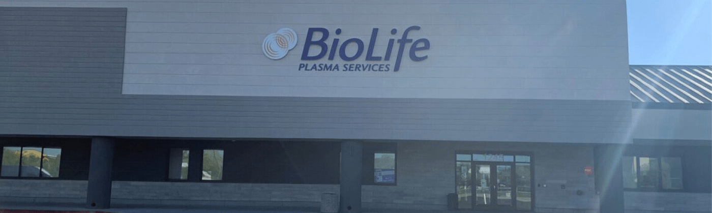 Front entrance sign of BioLife Plasma Services plasma donation center ...