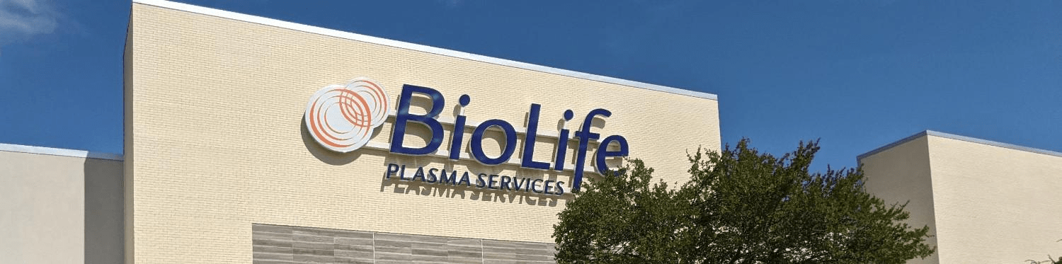 Front entrance sign of BioLife Plasma Services plasma donation center ...