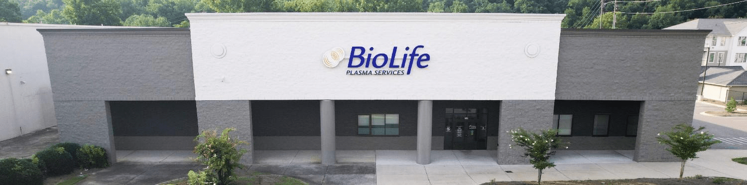 Front entrance sign of BioLife Plasma Services plasma donation center ...