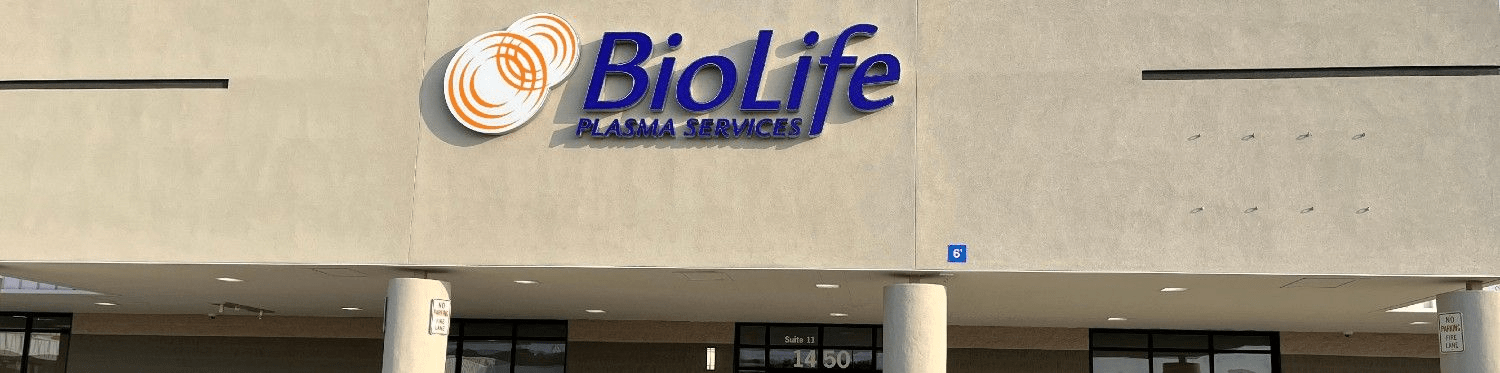 Standard BioLife Plasma Services sign and plasma donation center.
