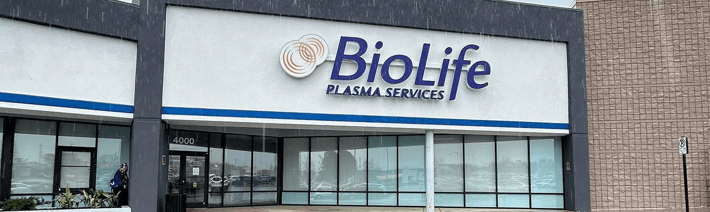 Standard BioLife Plasma Services sign and plasma donation center.