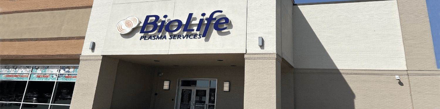 Front entrance sign of BioLife Plasma Services plasma donation center ...