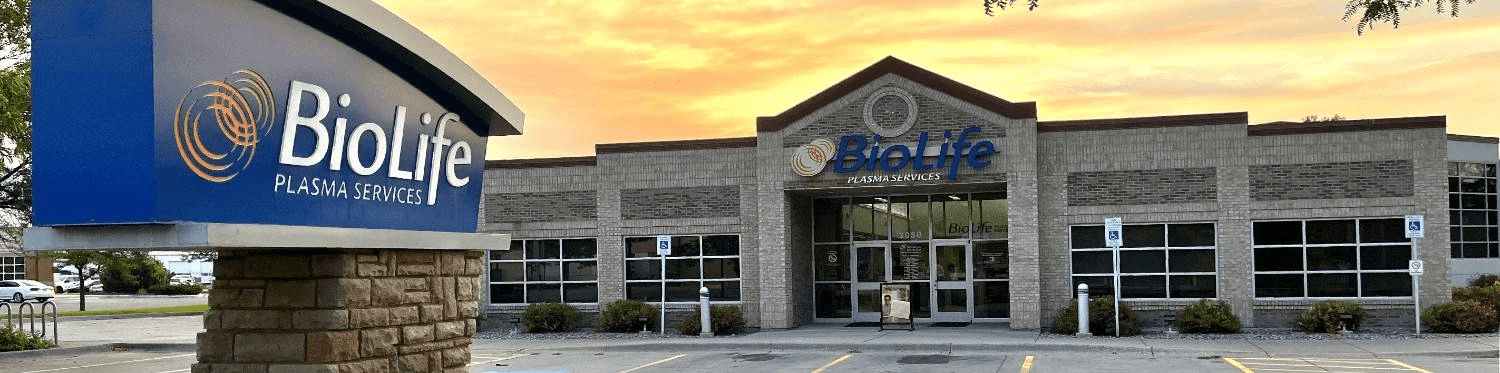 Front entrance sign of BioLife Plasma Services plasma donation center ...
