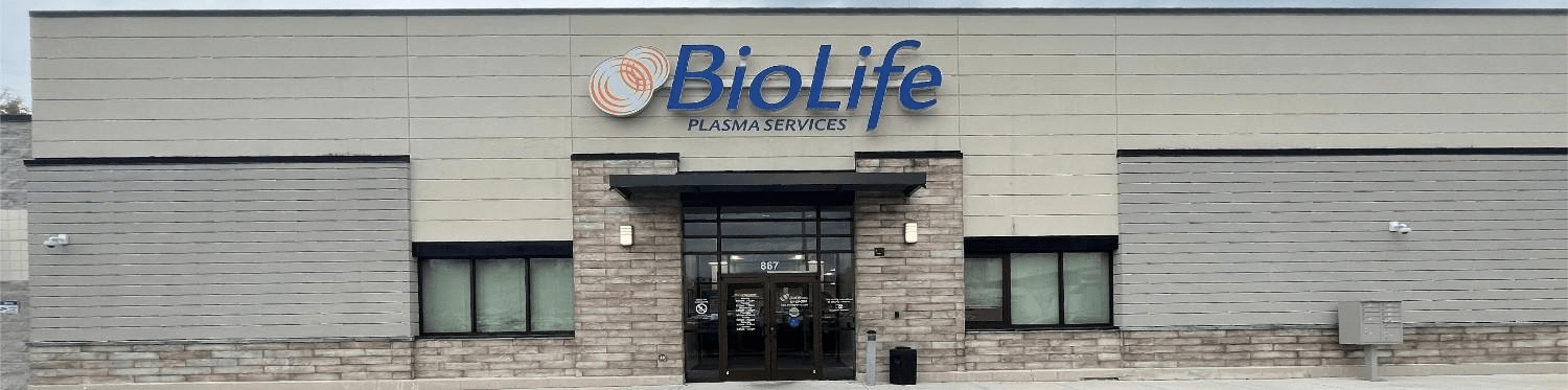 Front entrance sign of BioLife Plasma Services plasma donation center ...