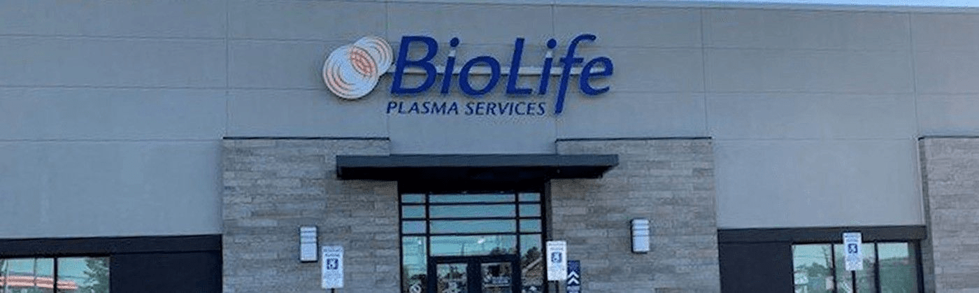 Front entrance sign of BioLife Plasma Services plasma donation center ...