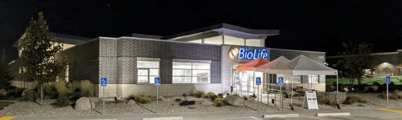 Nighttime view of BioLife Plasma Services plasma donation center in ...