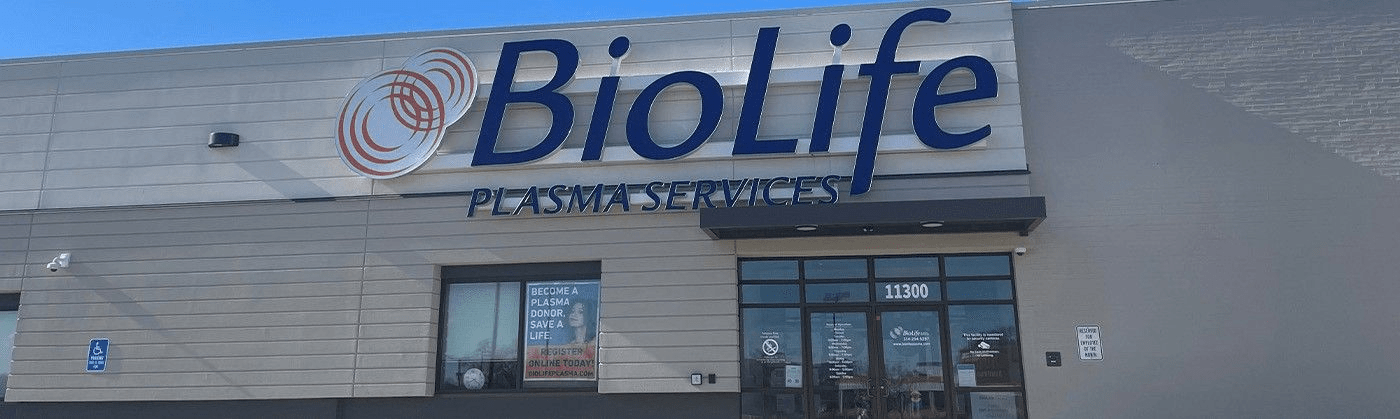Standard BioLife Plasma Services sign and plasma donation center.