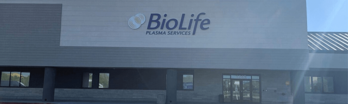 Front entrance sign of BioLife Plasma Services plasma donation center ...