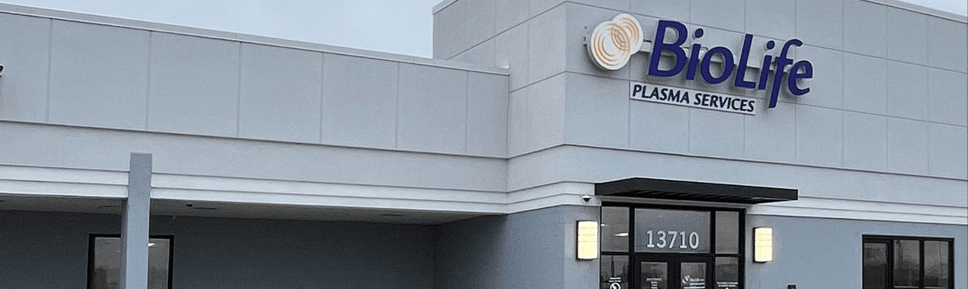 Standard BioLife Plasma Services sign and plasma donation center.