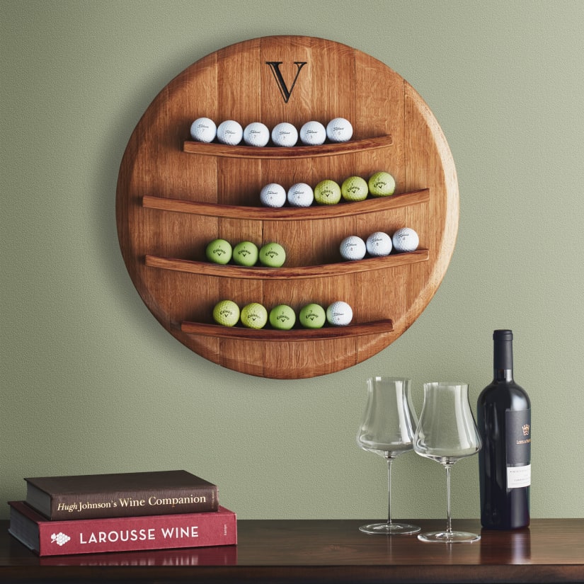 Reclaimed Wine Barrel Head Golf Ball Display Shelf