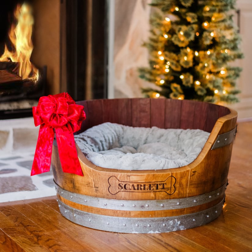 Personalized Reclaimed Wine Barrel Pet Bed with Plush Cushion