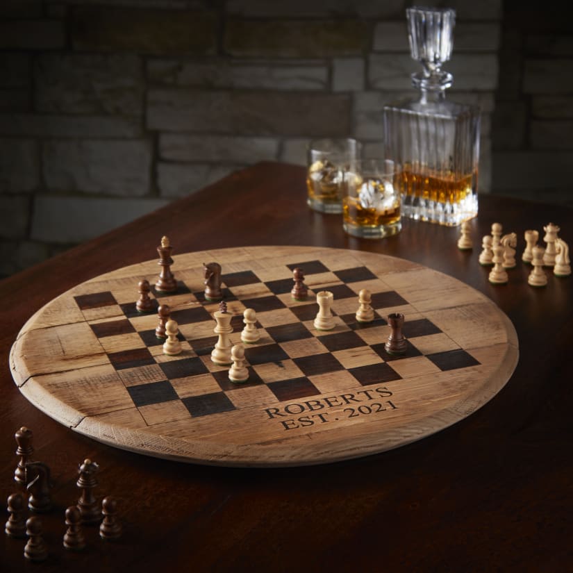 Reclaimed Bourbon Barrel head Chess set - Personalized