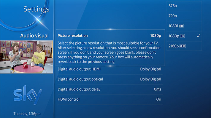 Sky Help: Changing the screen resolution setting