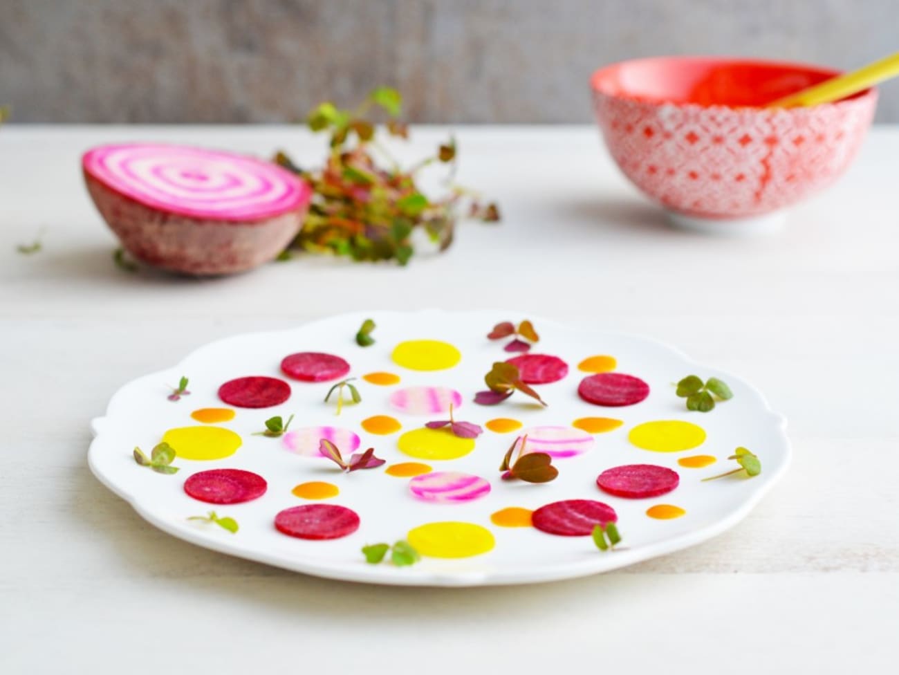 Carpaccio de betteraves crues (chioggia, jaune, crapaudine ...