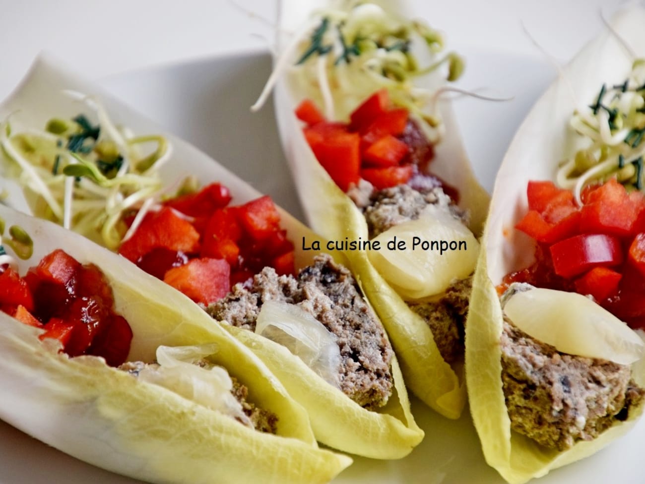 Barquette de chicon garnie de confit de poivron rouge, terrine à la ...