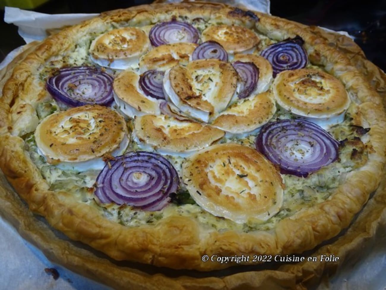Tarte feuilletée au chèvre, oignon rouge, thym et origan, piment d ...