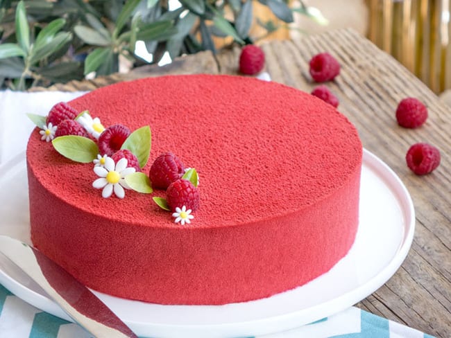 Entremets biscuit et mousse aux framboises, croustillant aux amandes ...