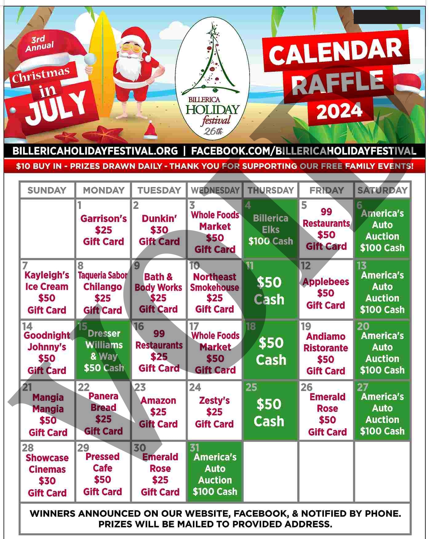 2024 Christmas in July Calendar Raffle