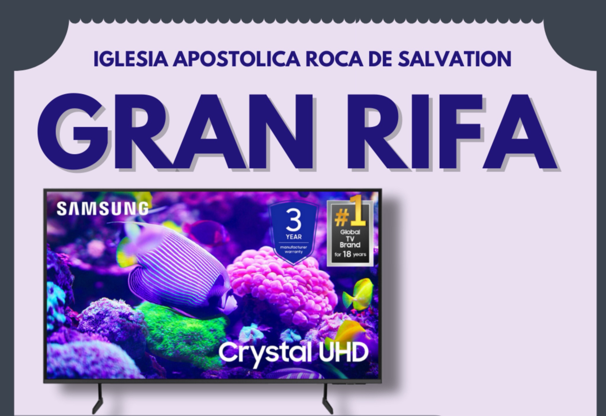 Gran Rifa Samsung 65” Class DU7200 Crystal UHD 4K Smart TV