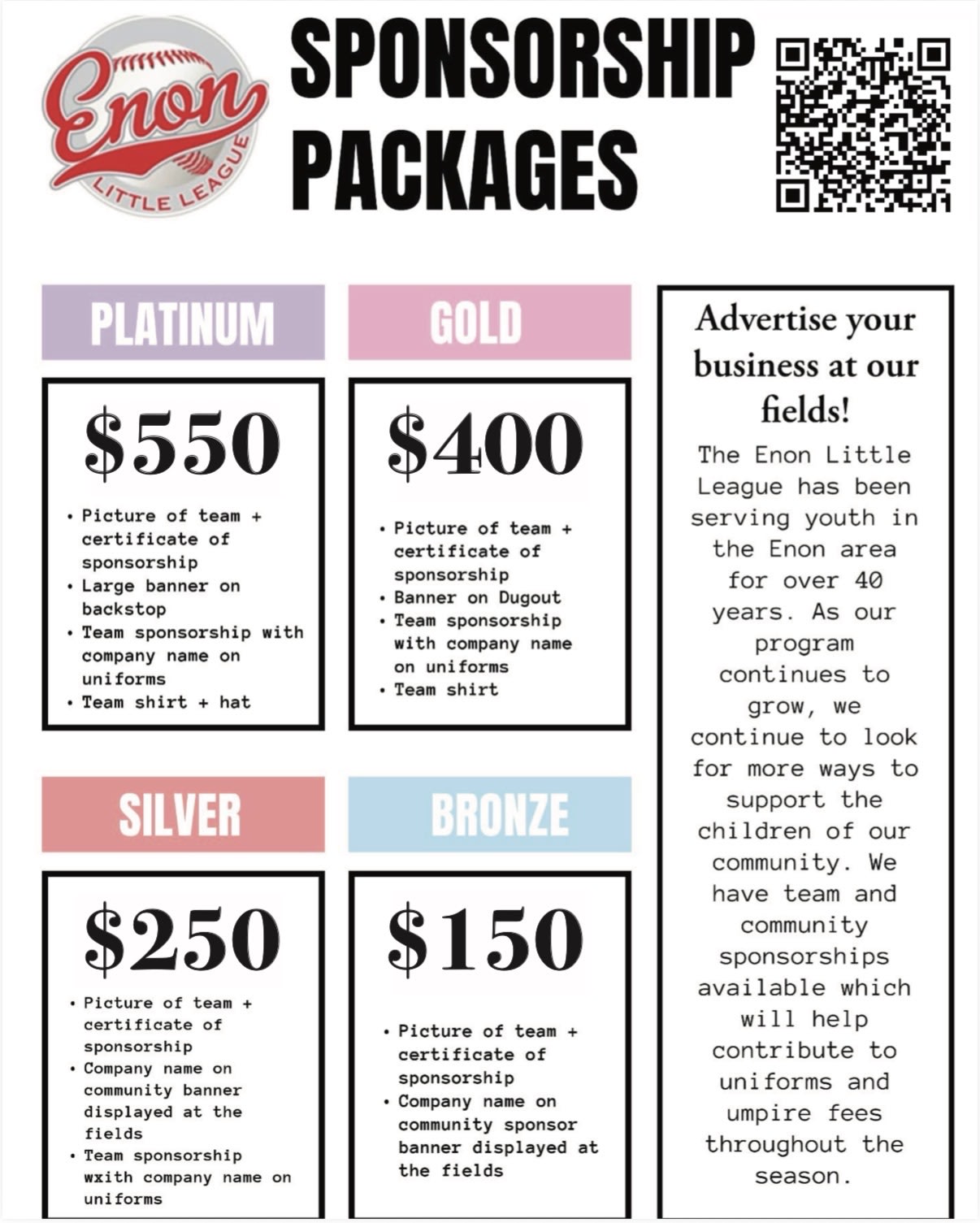Enon Little League Baseball Memberships 2026