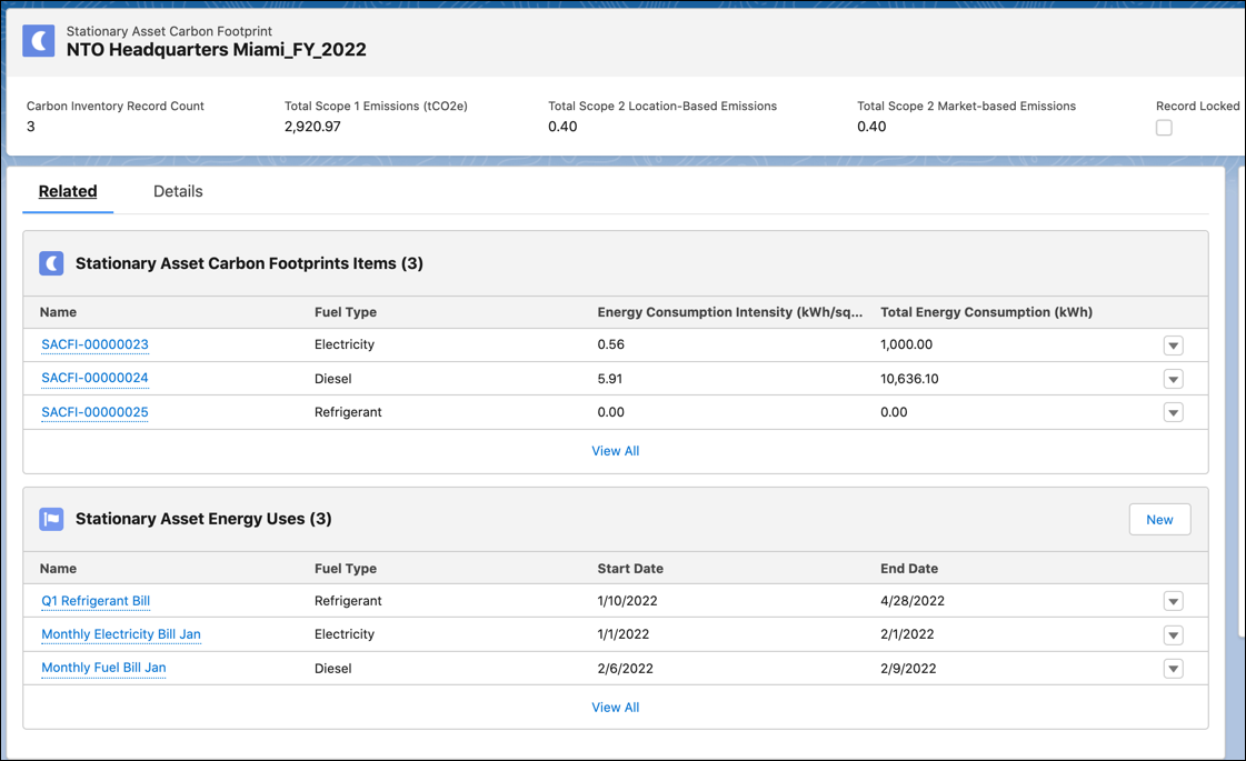 Manage Carbon Footprint Records for Stationary Assets | Salesforce