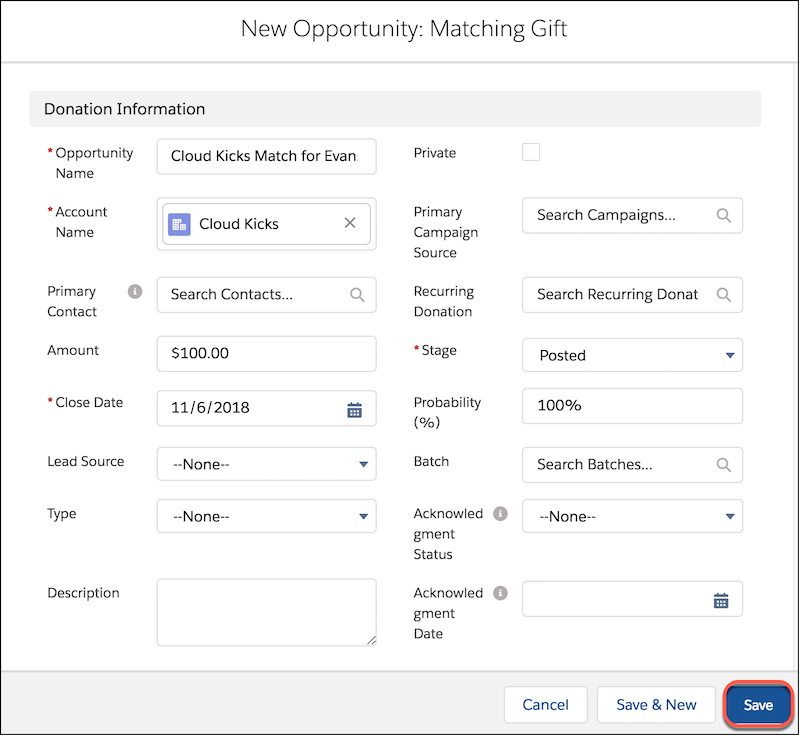 Create Matching Gifts | Salesforce Trailhead