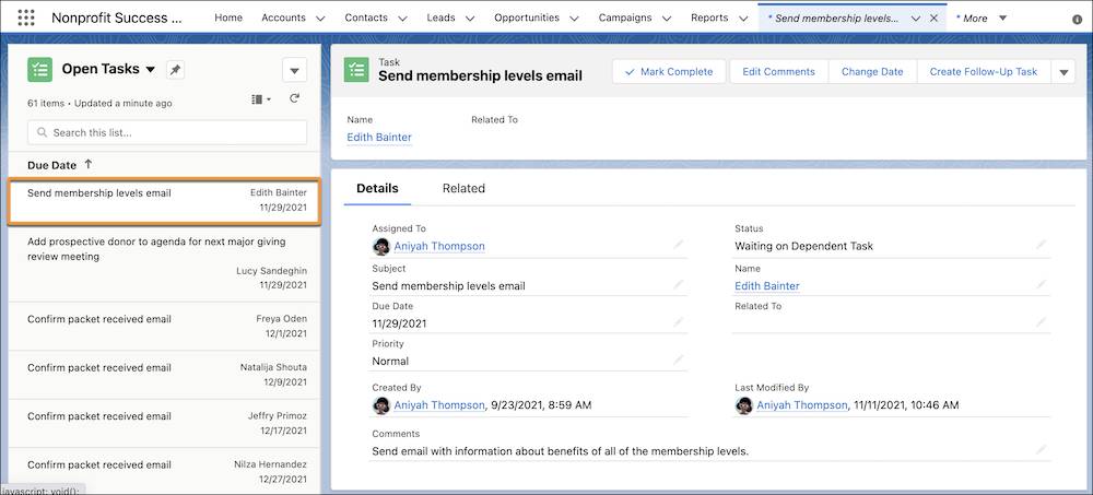 Manage Donors, Tasks, Events, and Email | Salesforce Trailhead