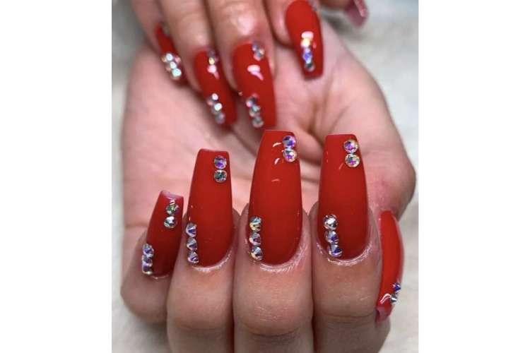Red Acrylic Nails With Rhinestones