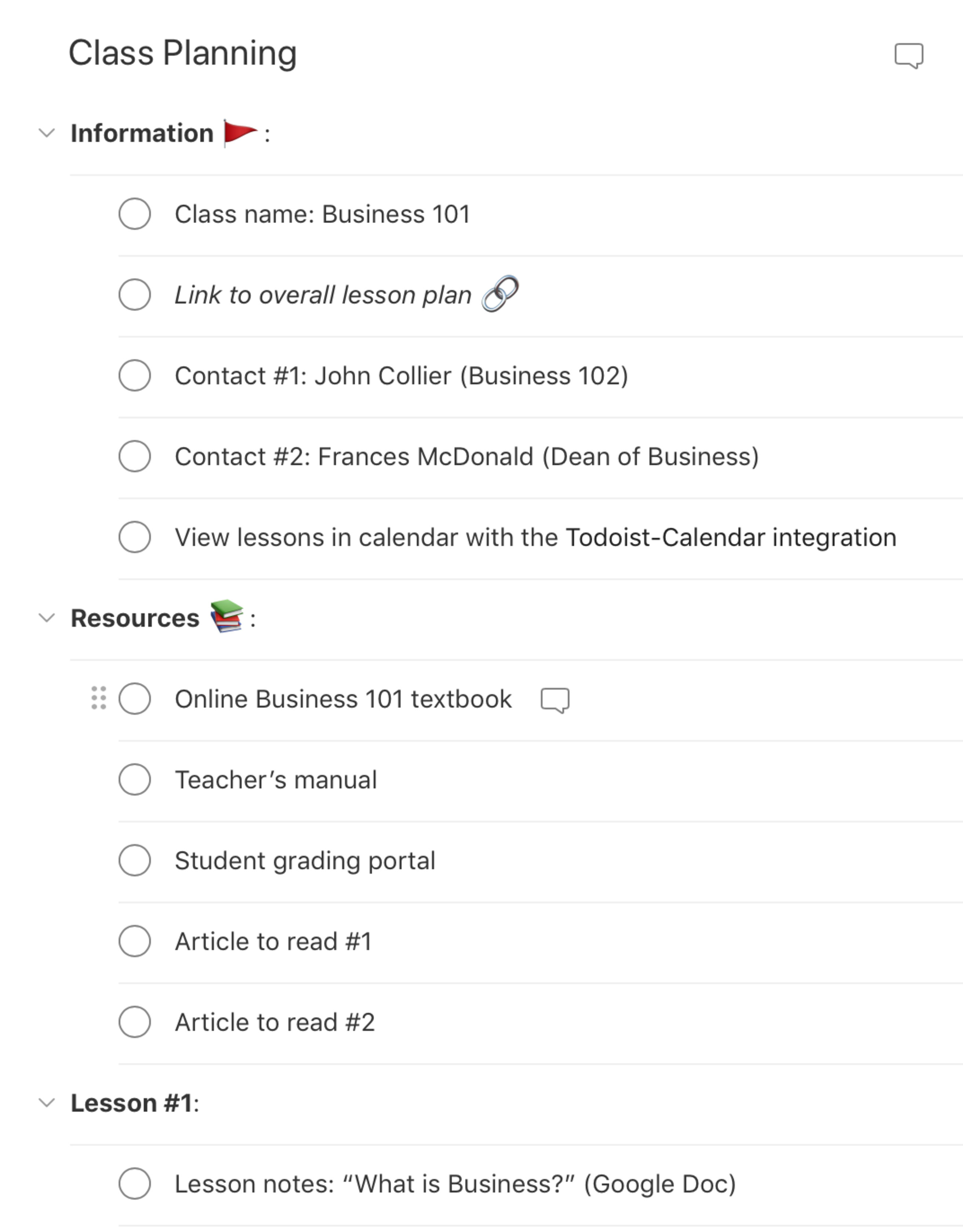 Class Planning Templates Todoist