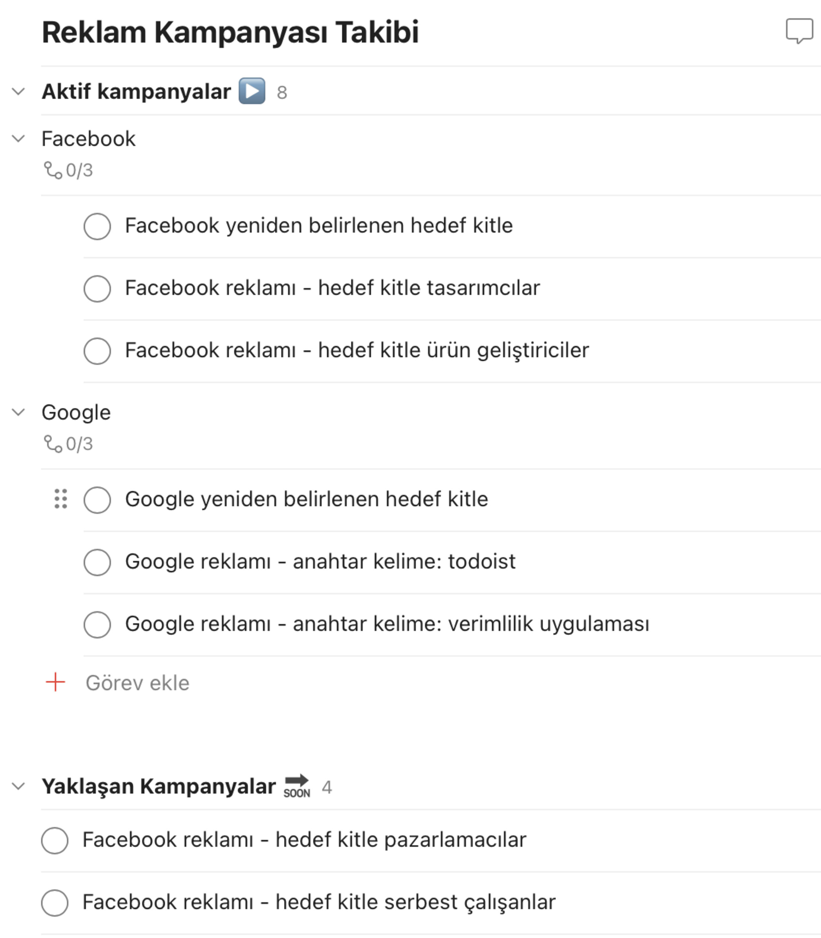 Reklam Kampanyası Takibi - Şablonlar | Todoist