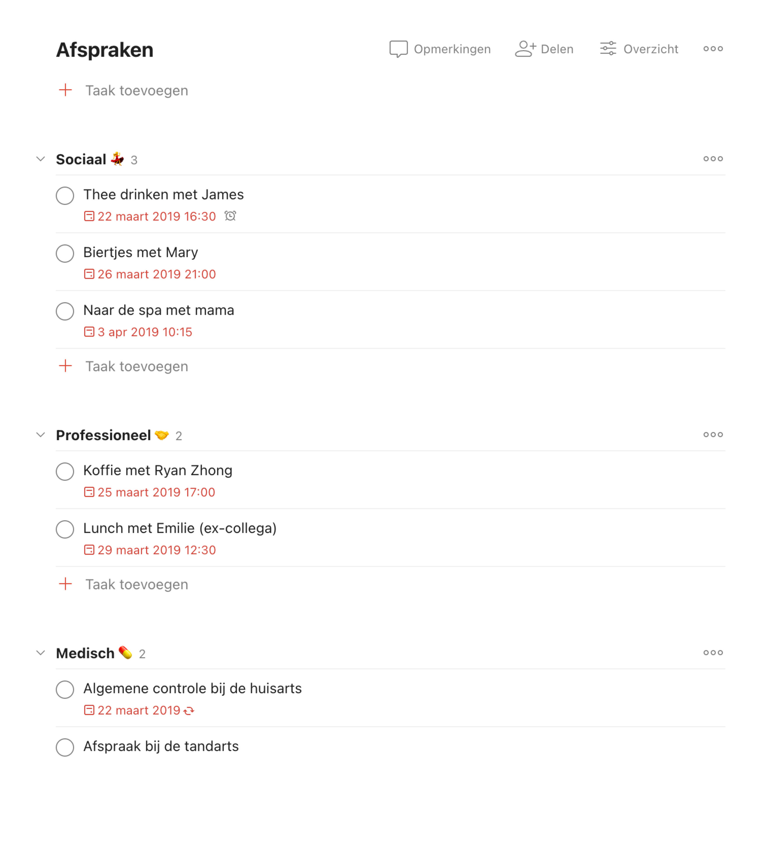 Afspraken - Sjablonen | Todoist