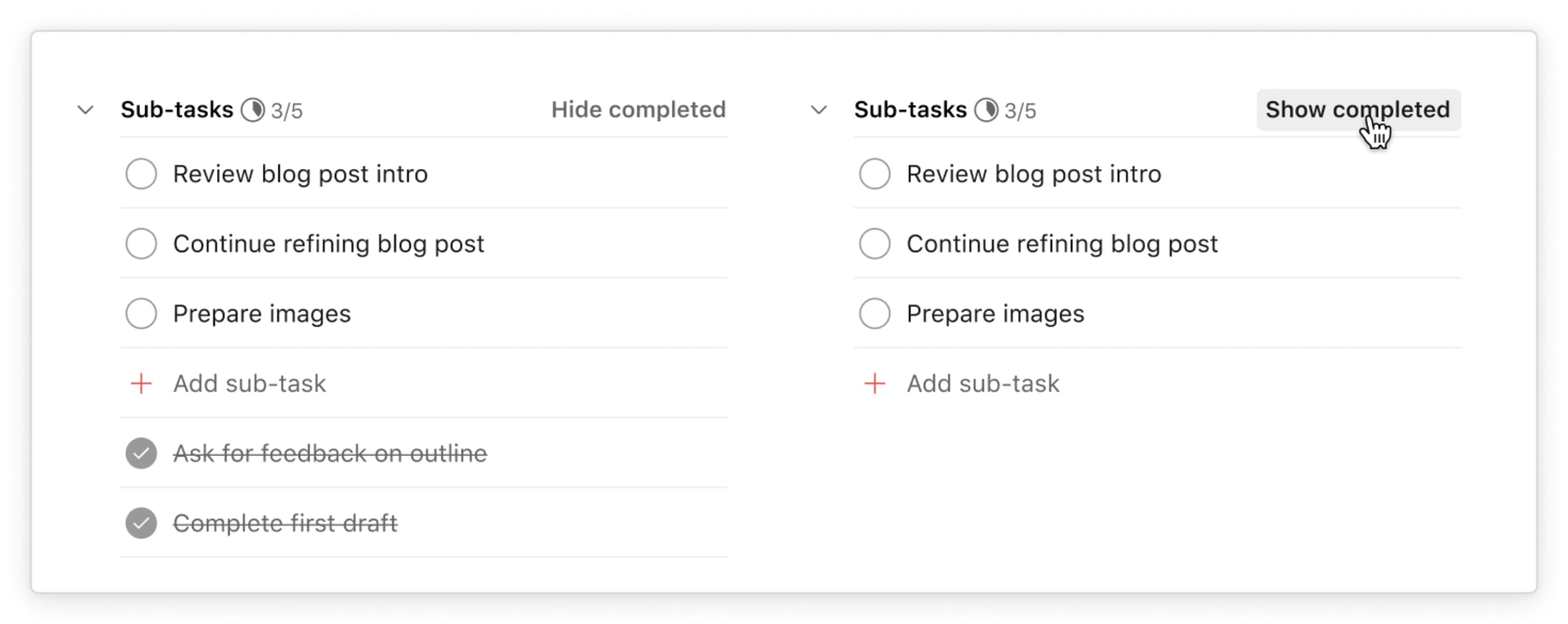 Expanded sub-tasks with completed tasks displayed on the left and ...
