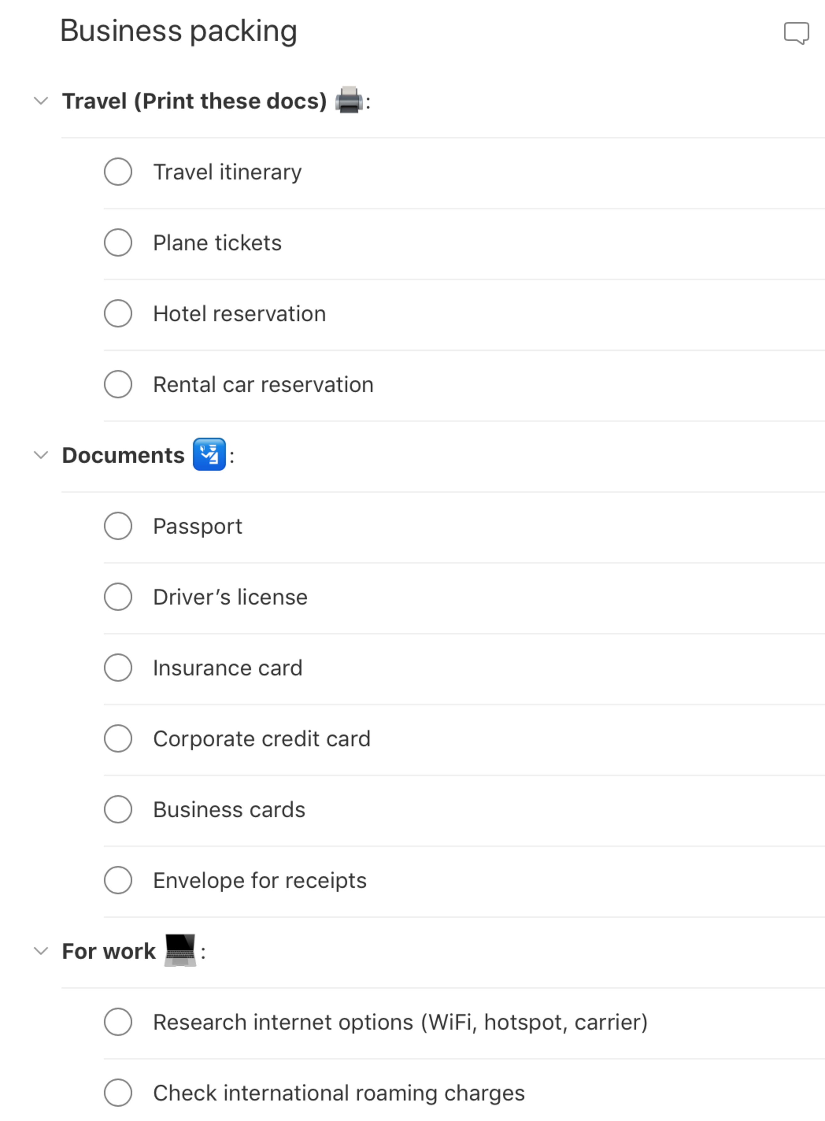 Business Travel Packing - Templates | Todoist