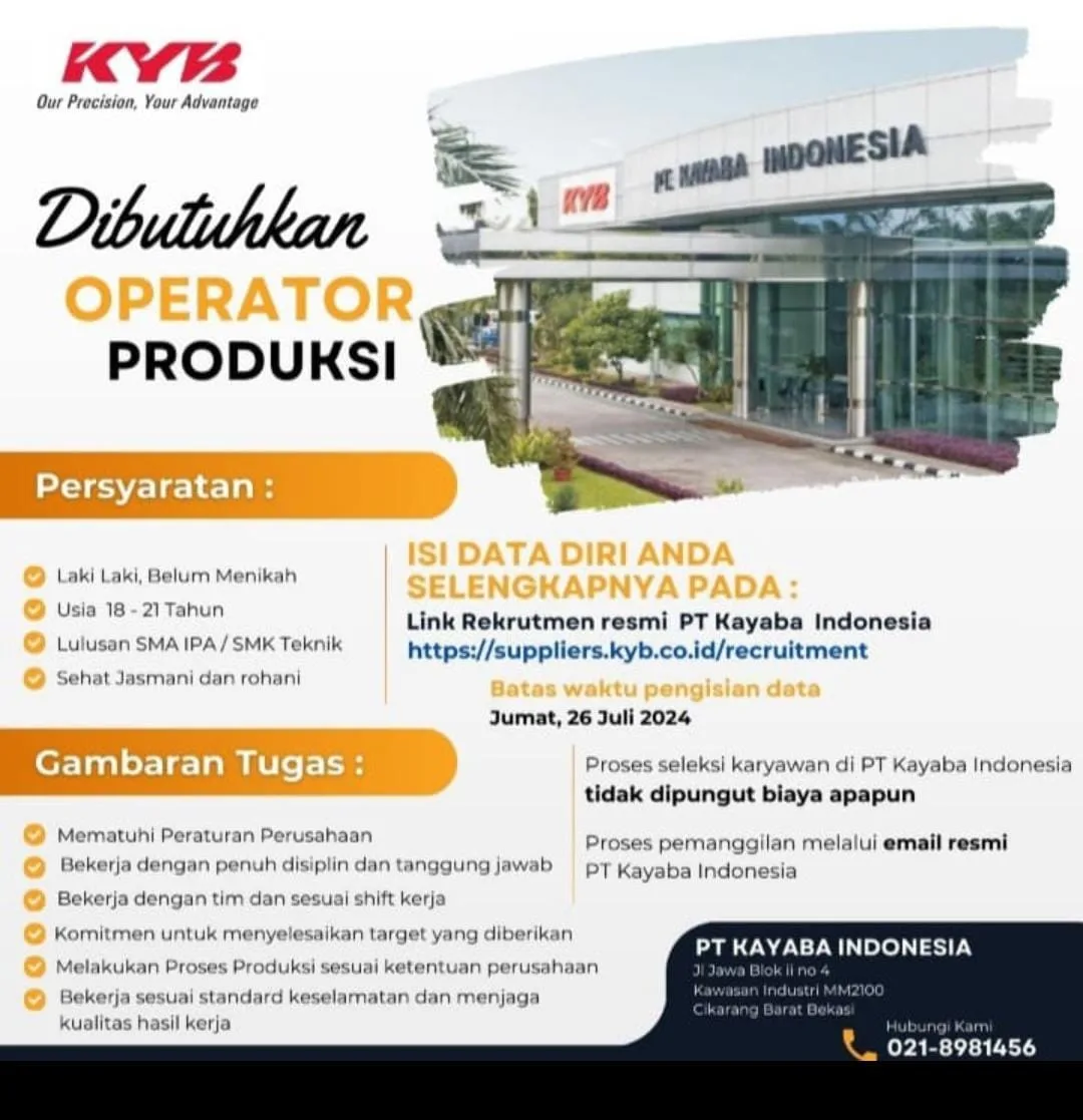 Lowongan Kerja PT Kayaba Indonesia: Operator Produksi - BEKASIVOICE
