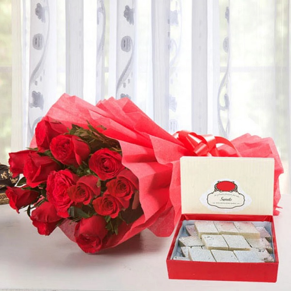 Order Red Roses N Kaju Katli online | free delivery in 3 hours - Flowera
