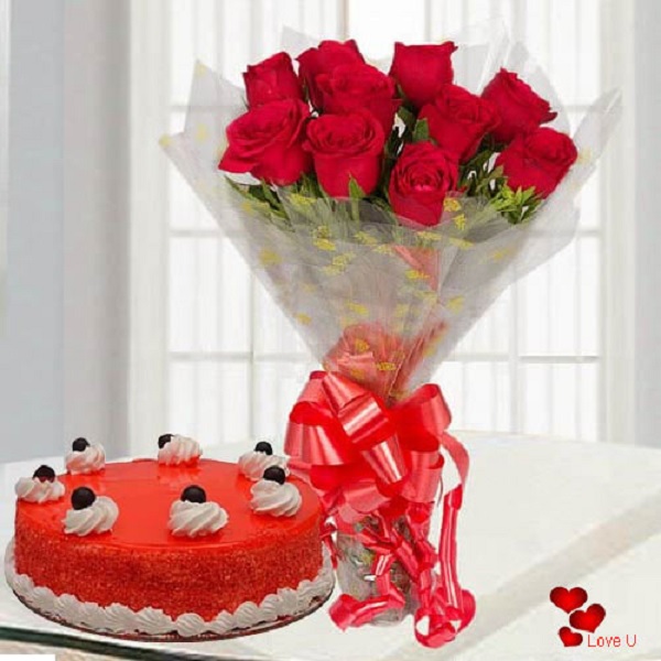 Order Roses And Red Velvet Cake online | free delivery in 3 hours - Flowera