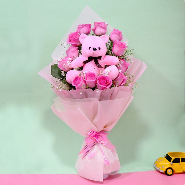 Order Pink Roses Bouquet With Teddy online | free delivery in 3 hours ...