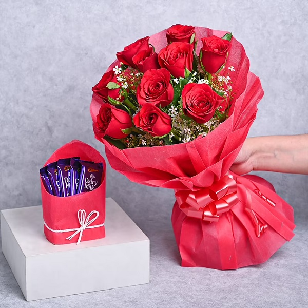 Order 10 Red Roses With Dairy Milk online | free delivery in 3 hours ...