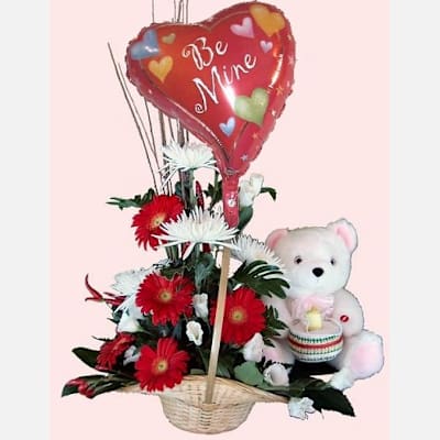 Basket arr with balloon and teddy bear: Order Flowers Online ...