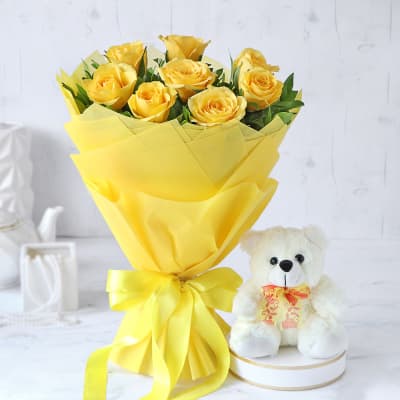 Bouquet of 8 Yellow Roses with Teddy: Order Flowers Online | Interflora ...