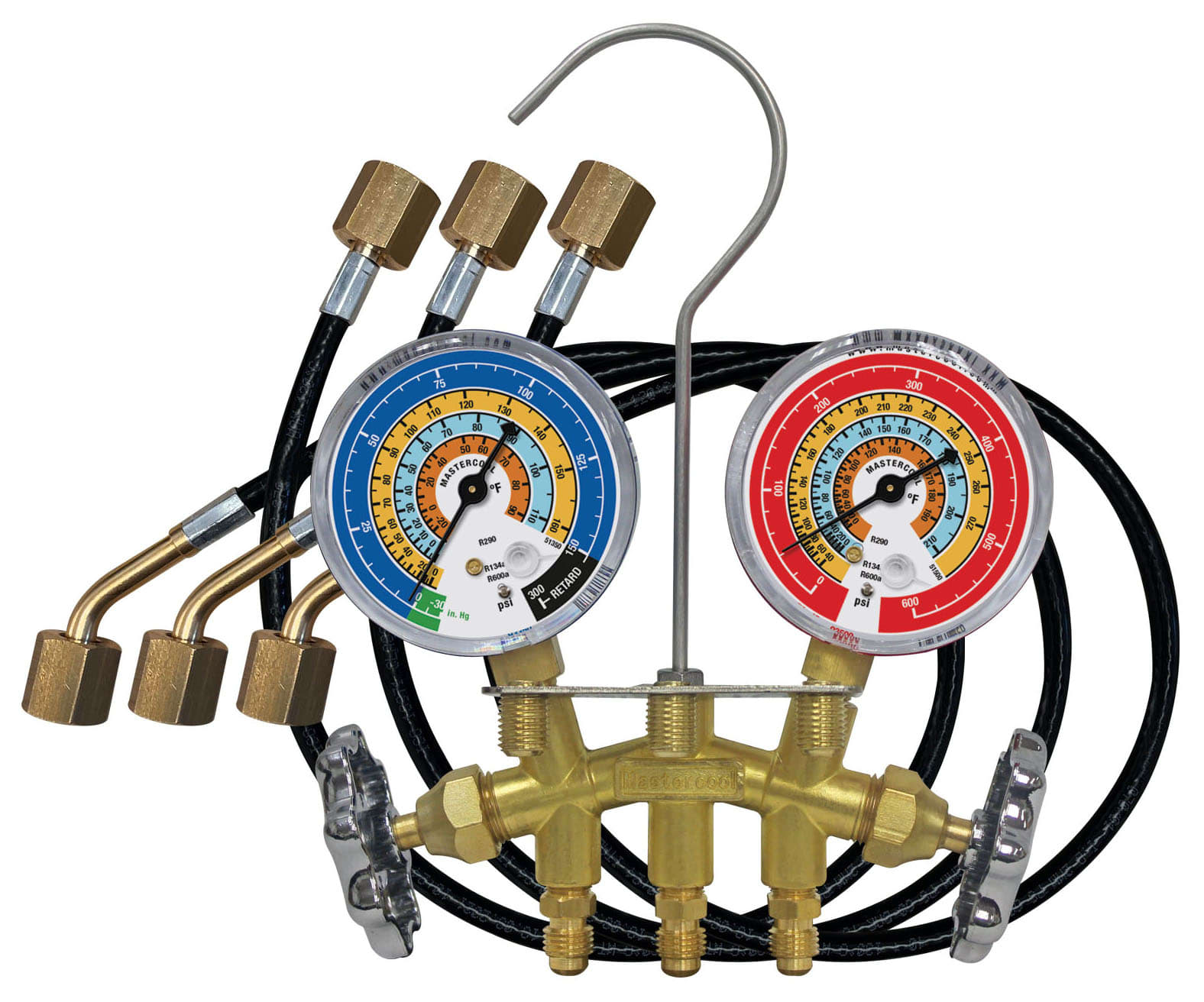 Mastercool 33518-TP - R600a, R290 & R134a 2-Way Brass Manifold Gauge ...