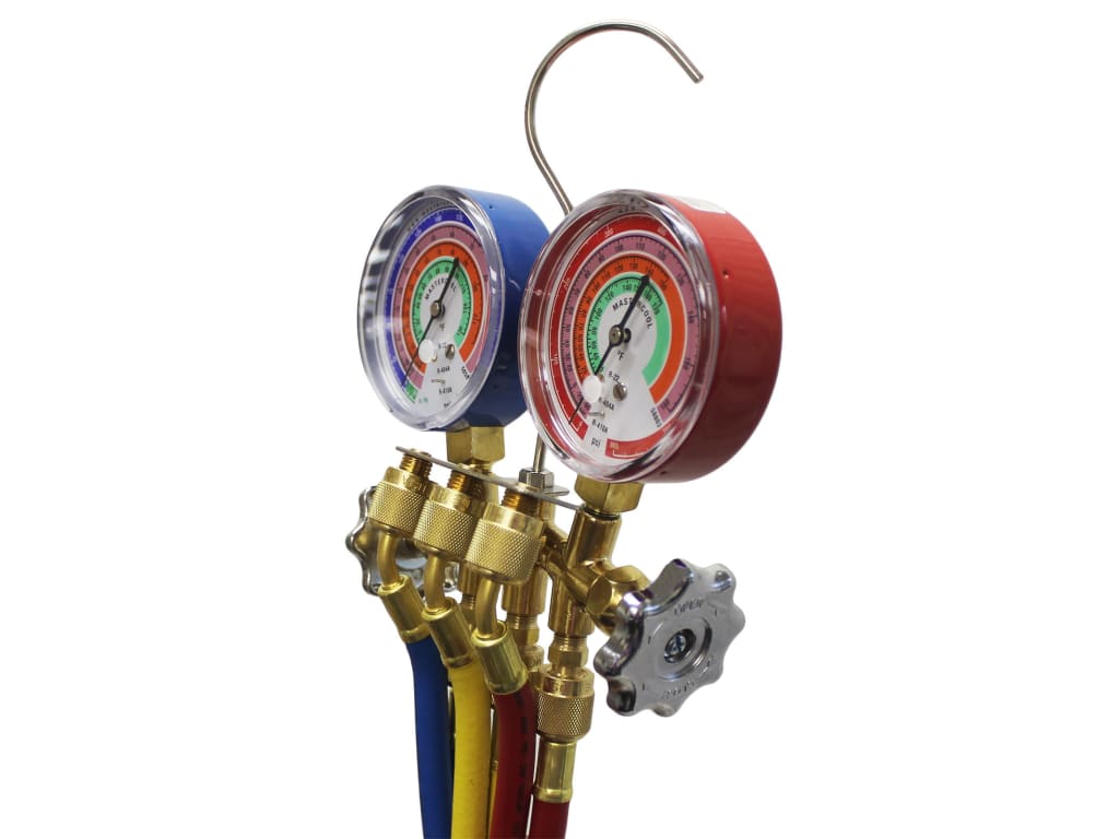 Mastercool 59161 - R410A, R22, R404A 2-Way Brass Manifold Gauge Set, 3 1/8" Gauges, 3-60" Hoses ...