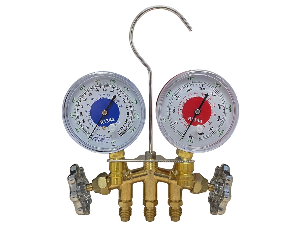 Mastercool 81113 - R134a 2-Way Brass Manifold with Gauges Only | TEquipment