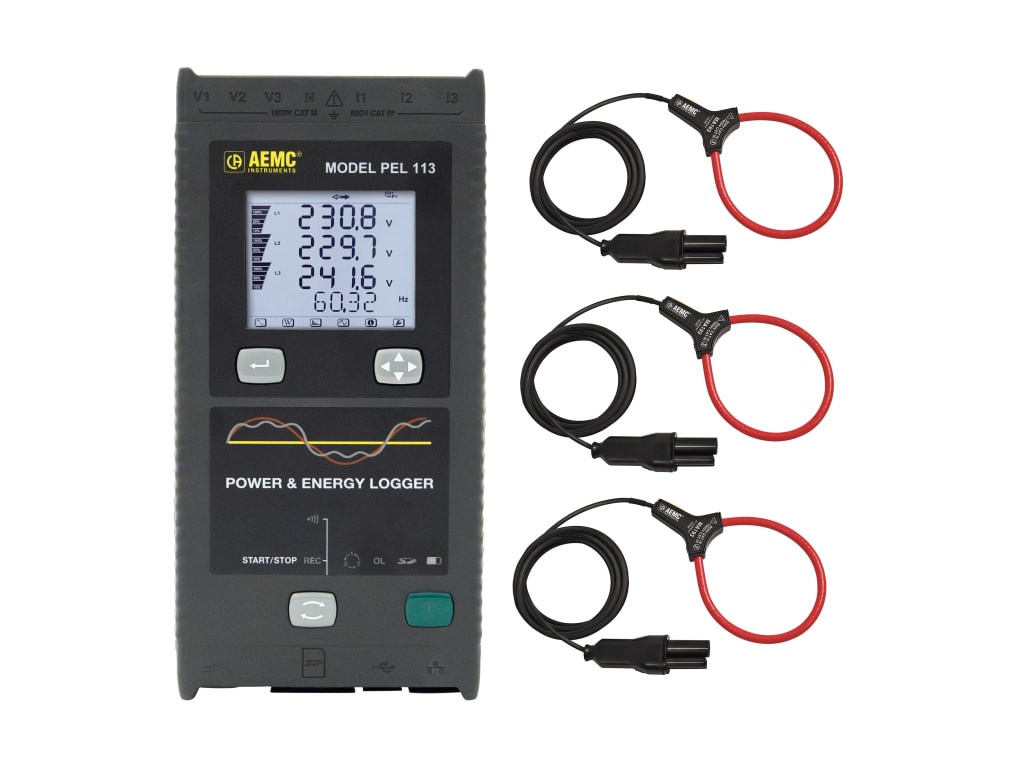 AEMC PEL 113 - Power & Energy Logger (LCD Screen, 3 MA193-10-BK Sensors ...