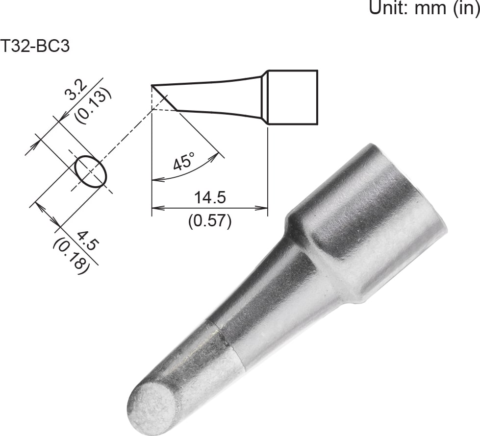 Hakko T32-BC3 - T32 Series Soldering Tip (Bevel, 3.2mm/45° X 14.5mm) | TEquipment