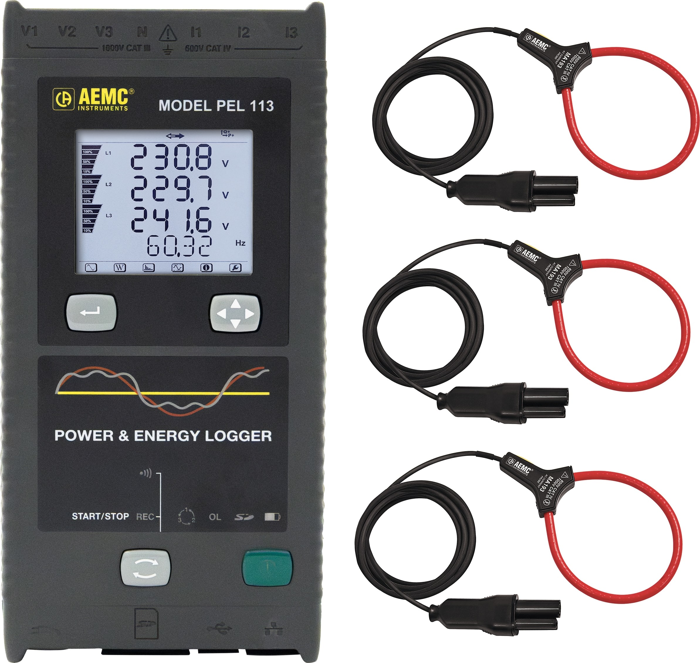 AEMC PEL 113 - Power & Energy Logger (LCD Screen, 3 MA193-10-BK Sensors ...