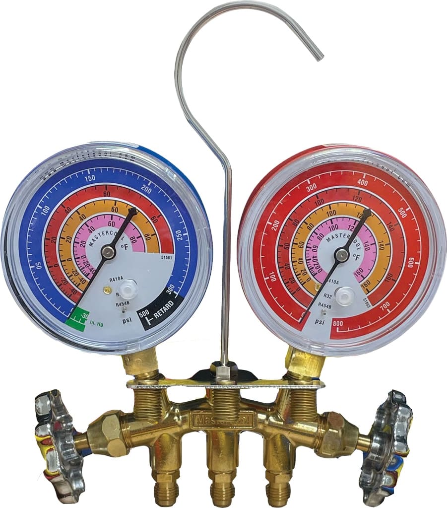 Mastercool 58105 - Brass Manifold Gauges (R454B, R410A, R32, 1/4” MFL ...