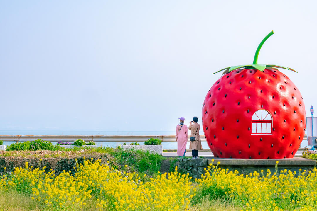 Fruit-shaped bus stops in Konagai, Nagasaki Prefecture