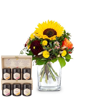 Flower bouquet Top of Summer with Bee-Family honey gift set | Interflora